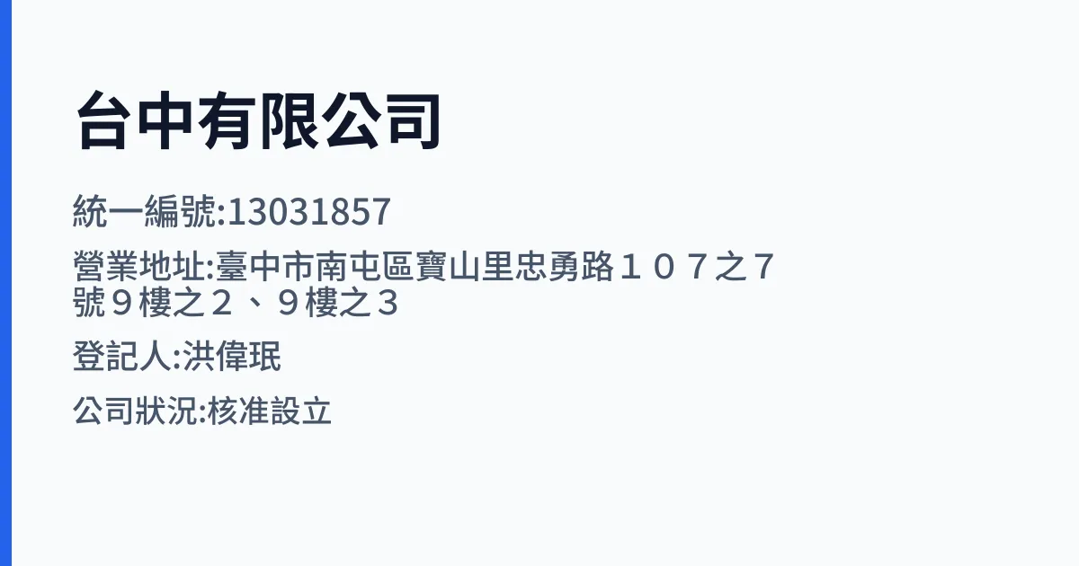 台中有限公司 - 統編 13031857(臺中市) 公司登記資料與營業項目詳細圖表