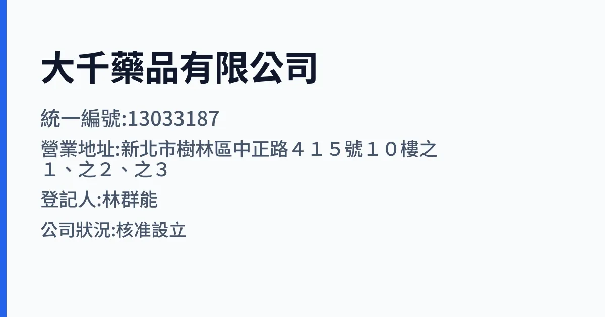大千藥品有限公司 - 統編 13033187(新北市) 公司登記資料與營業項目詳細圖表