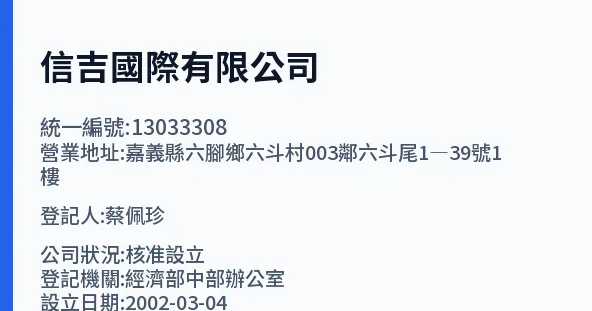 信吉國際有限公司的照片-統編 13033308(嘉義縣) 公司登記資料與營業項目詳細圖表