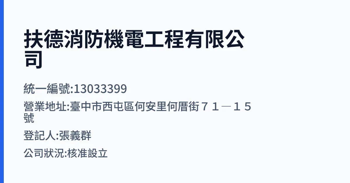扶德消防機電工程有限公司 - 統編 13033399(臺中市) 公司登記資料與營業項目詳細圖表