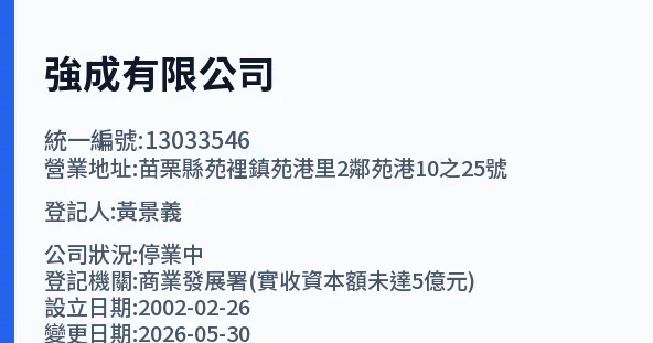 強成有限公司的照片-統編 13033546(苗栗縣) 公司登記資料與營業項目詳細圖表