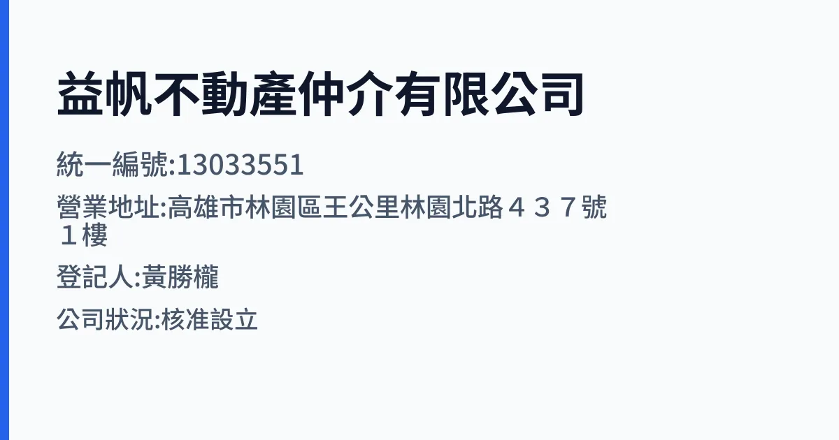益帆不動產仲介有限公司 - 統編 13033551(高雄市) 公司登記資料與營業項目詳細圖表
