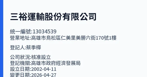 三裕運輸股份有限公司的照片-統編 13034539(高雄市) 公司登記資料與營業項目詳細圖表