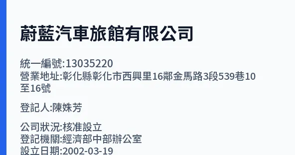 蔚藍汽車旅館有限公司的照片-統編 13035220(彰化縣) 公司登記資料與營業項目詳細圖表