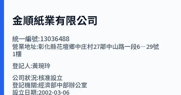金順紙業有限公司的照片-統編 13036488(彰化縣) 公司登記資料與營業項目詳細圖表