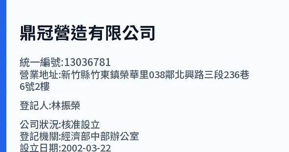 鼎冠營造有限公司的照片-統編 13036781(新竹縣) 公司登記資料與營業項目詳細圖表