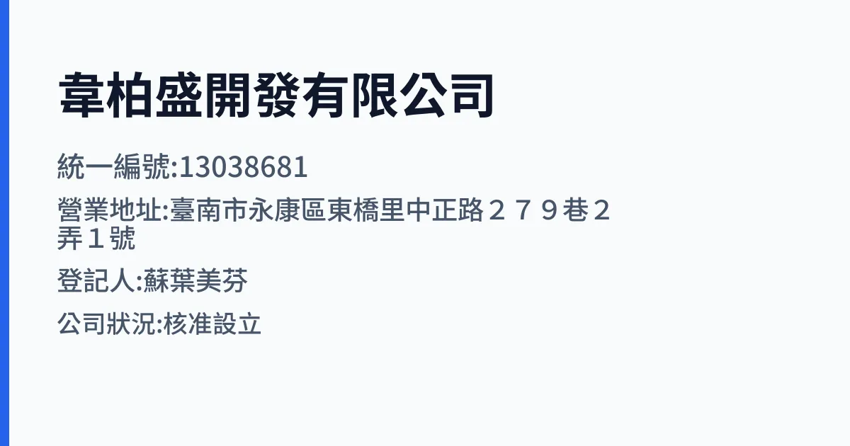 韋柏盛開發有限公司 - 統編 13038681(臺南市) 公司登記資料與營業項目詳細圖表
