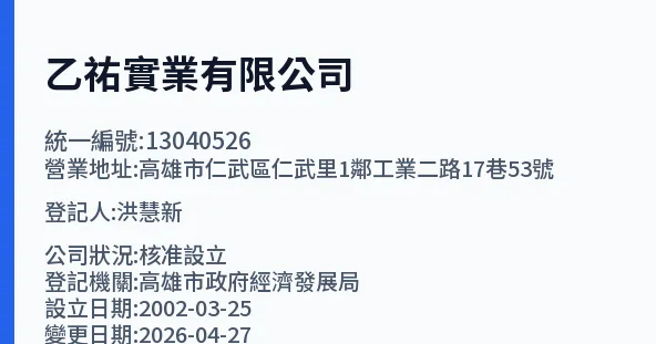 乙祐實業有限公司的照片-統編 13040526(高雄市) 公司登記資料與營業項目詳細圖表