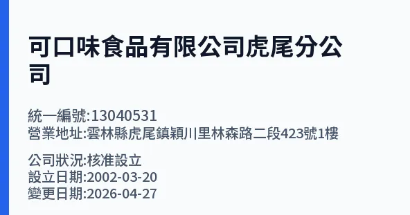 可口味食品有限公司虎尾分公司的照片-統編 13040531(雲林縣) 公司登記資料與營業項目詳細圖表