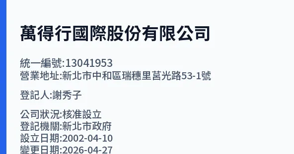 萬得行國際股份有限公司的照片-統編 13041953(新北市) 公司登記資料與營業項目詳細圖表