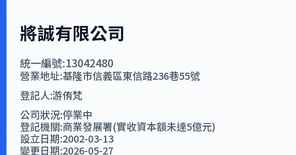 將誠有限公司的照片-統編 13042480(基隆市) 公司登記資料與營業項目詳細圖表
