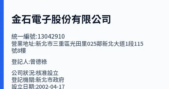 金石電子股份有限公司的照片-統編 13042910(新北市) 公司登記資料與營業項目詳細圖表