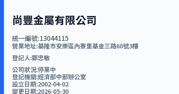 尚豐金屬有限公司的照片-統編 13044115(基隆市) 公司登記資料與營業項目詳細圖表