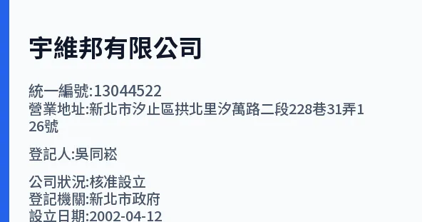 宇維邦有限公司的照片-統編 13044522(新北市) 公司登記資料與營業項目詳細圖表