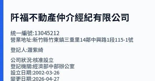 阡福不動產仲介經紀有限公司的照片-統編 13045212(新竹縣) 公司登記資料與營業項目詳細圖表