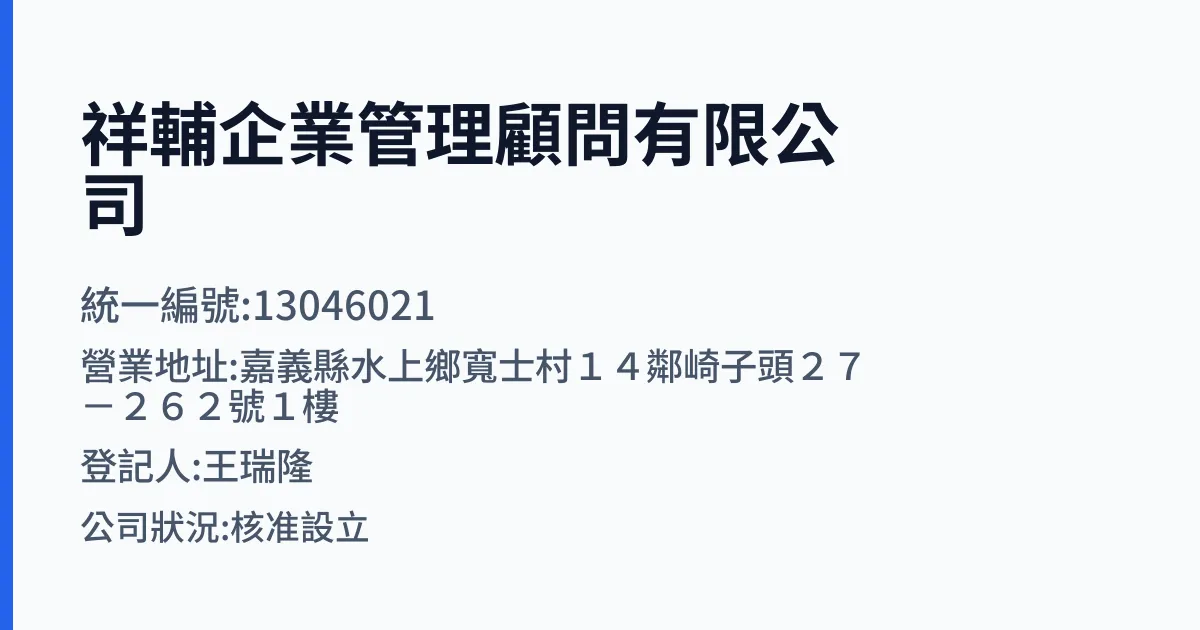 祥輔企業管理顧問有限公司 - 統編 13046021(嘉義縣) 公司登記資料與營業項目詳細圖表