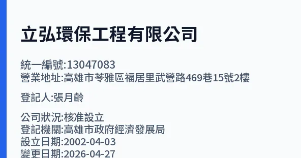 立弘環保工程有限公司的照片-統編 13047083(高雄市) 公司登記資料與營業項目詳細圖表