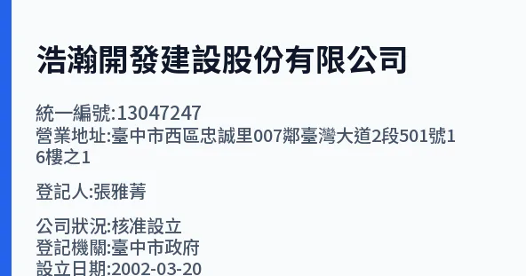浩瀚開發建設股份有限公司的照片-統編 13047247(臺中市) 公司登記資料與營業項目詳細圖表
