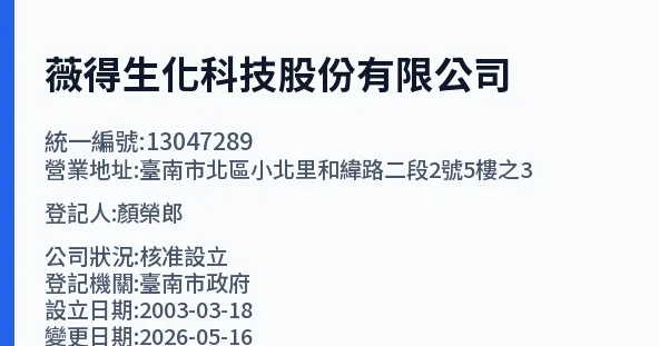 薇得生化科技股份有限公司的照片-統編 13047289(臺南市) 公司登記資料與營業項目詳細圖表