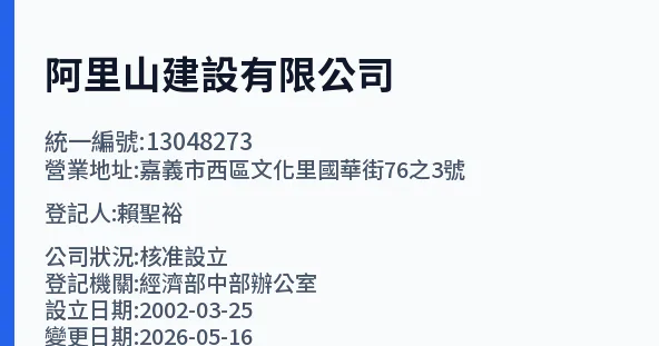 阿里山建設有限公司的照片-統編 13048273(嘉義市) 公司登記資料與營業項目詳細圖表