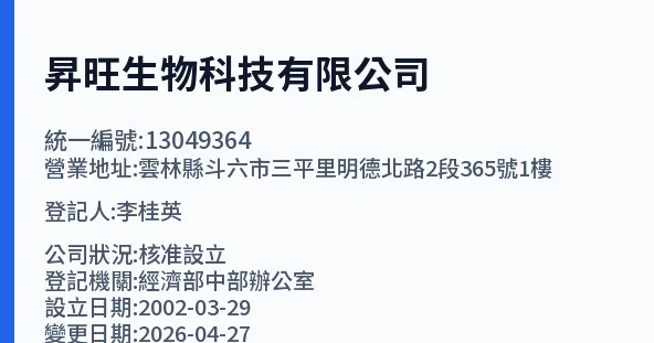 昇旺生物科技有限公司的照片-統編 13049364(雲林縣) 公司登記資料與營業項目詳細圖表