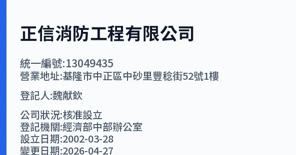 正信消防工程有限公司的照片-統編 13049435(基隆市) 公司登記資料與營業項目詳細圖表
