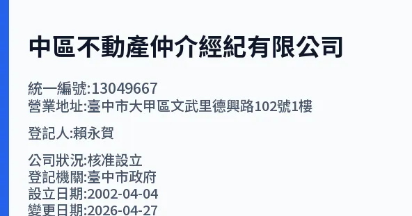 中區不動產仲介經紀有限公司的照片-統編 13049667(臺中市) 公司登記資料與營業項目詳細圖表