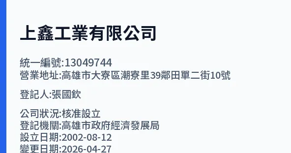 上鑫工業有限公司的照片-統編 13049744(高雄市) 公司登記資料與營業項目詳細圖表