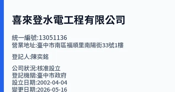 喜來登水電工程有限公司的照片-統編 13051136(臺中市) 公司登記資料與營業項目詳細圖表