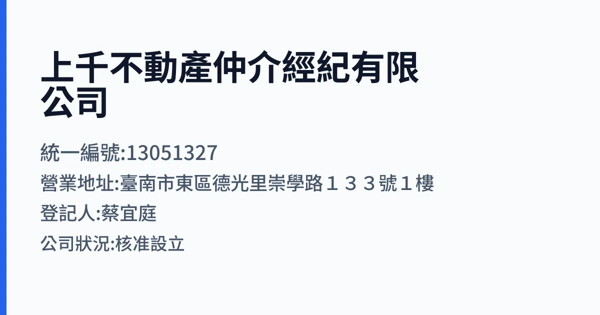 上千不動產仲介經紀有限公司 - 統編 13051327(臺南市) 公司登記資料與營業項目詳細圖表