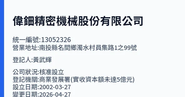 偉鈿精密機械股份有限公司的照片-統編 13052326(南投縣) 公司登記資料與營業項目詳細圖表