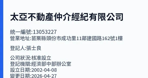 太亞不動產仲介經紀有限公司的照片-統編 13053227(苗栗縣) 公司登記資料與營業項目詳細圖表