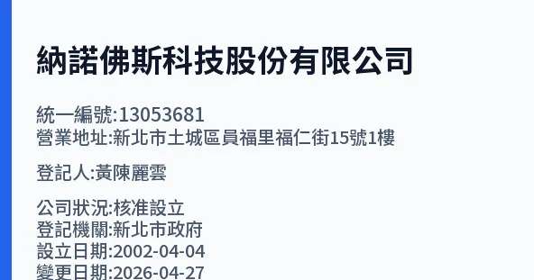 納諾佛斯科技股份有限公司的照片-統編 13053681(新北市) 公司登記資料與營業項目詳細圖表