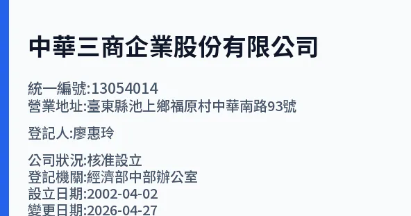 中華三商企業股份有限公司的照片-統編 13054014(臺東縣) 公司登記資料與營業項目詳細圖表