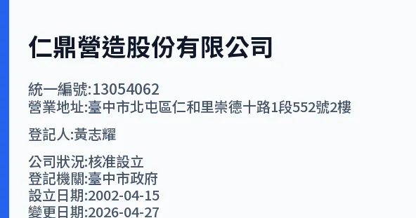 仁鼎營造股份有限公司的照片-統編 13054062(臺中市) 公司登記資料與營業項目詳細圖表
