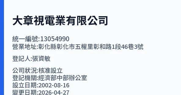 大章視電業有限公司的照片-統編 13054990(彰化縣) 公司登記資料與營業項目詳細圖表