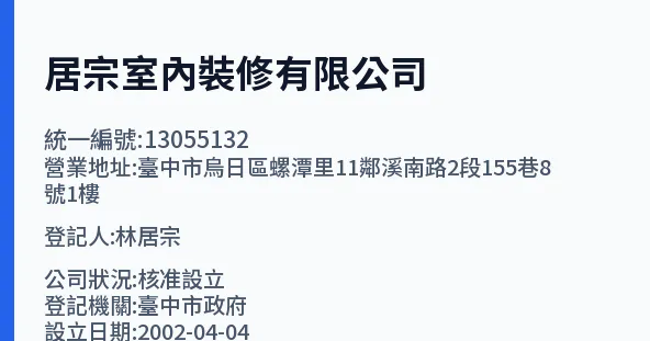 居宗室內裝修有限公司的照片-統編 13055132(臺中市) 公司登記資料與營業項目詳細圖表