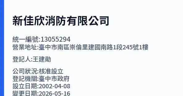 新佳欣消防有限公司的照片-統編 13055294(臺中市) 公司登記資料與營業項目詳細圖表