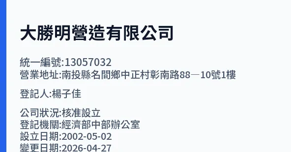 大勝明營造有限公司的照片-統編 13057032(南投縣) 公司登記資料與營業項目詳細圖表