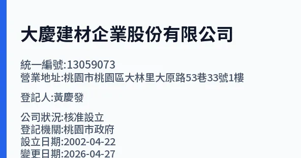 大慶建材企業股份有限公司的照片-統編 13059073(桃園市) 公司登記資料與營業項目詳細圖表