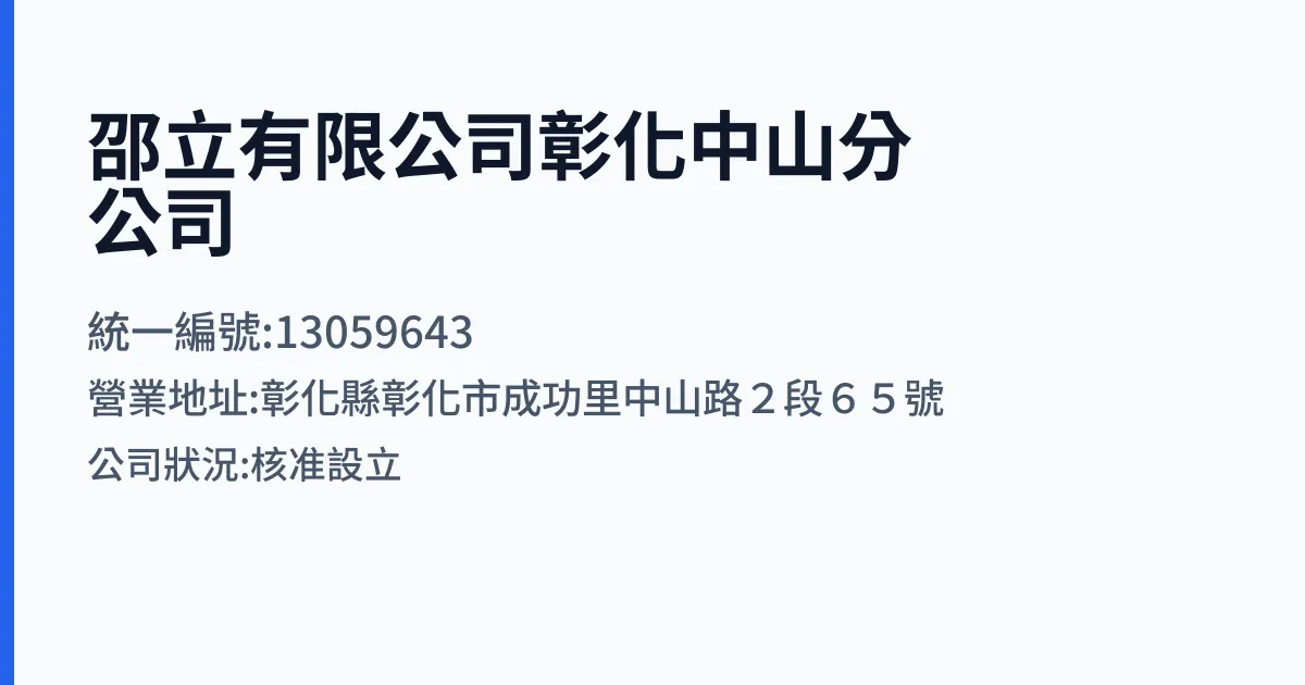 邵立有限公司彰化中山分公司 - 統編 13059643(彰化縣) 公司登記資料與營業項目詳細圖表