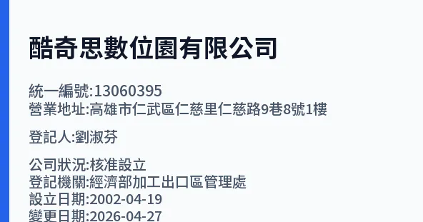 酷奇思數位園有限公司的照片-統編 13060395(高雄市) 公司登記資料與營業項目詳細圖表