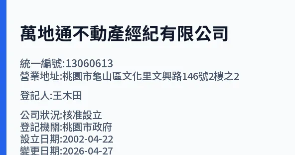 萬地通不動產經紀有限公司的照片-統編 13060613(桃園市) 公司登記資料與營業項目詳細圖表