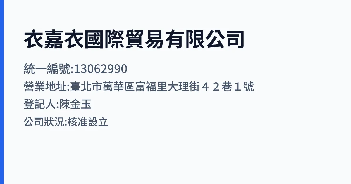 衣嘉衣國際貿易有限公司 - 統編 13062990(臺北市) 公司登記資料與營業項目詳細圖表
