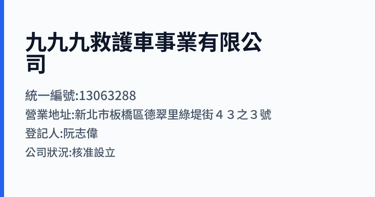 九九九救護車事業有限公司 - 統編 13063288(新北市) 公司登記資料與營業項目詳細圖表