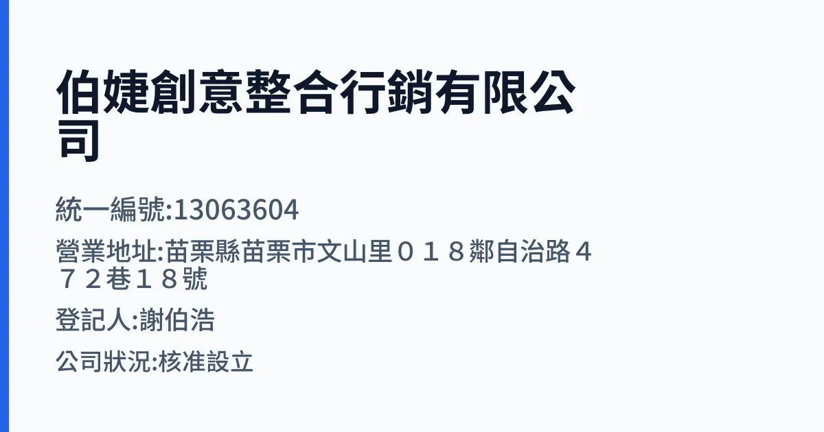 伯婕創意整合行銷有限公司 - 統編 13063604(苗栗縣) 公司登記資料與營業項目詳細圖表