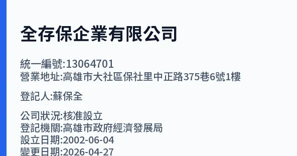 全存保企業有限公司的照片-統編 13064701(高雄市) 公司登記資料與營業項目詳細圖表