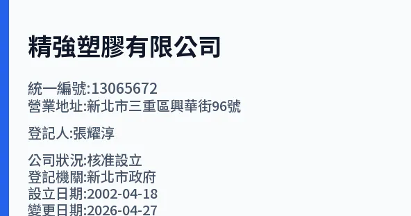 精強塑膠有限公司的照片-統編 13065672(新北市) 公司登記資料與營業項目詳細圖表