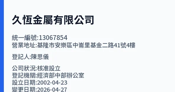 久恆金屬有限公司的照片-統編 13067854(基隆市) 公司登記資料與營業項目詳細圖表