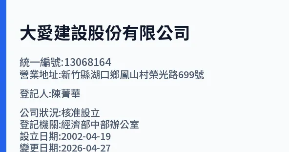大愛建設股份有限公司的照片-統編 13068164(新竹縣) 公司登記資料與營業項目詳細圖表